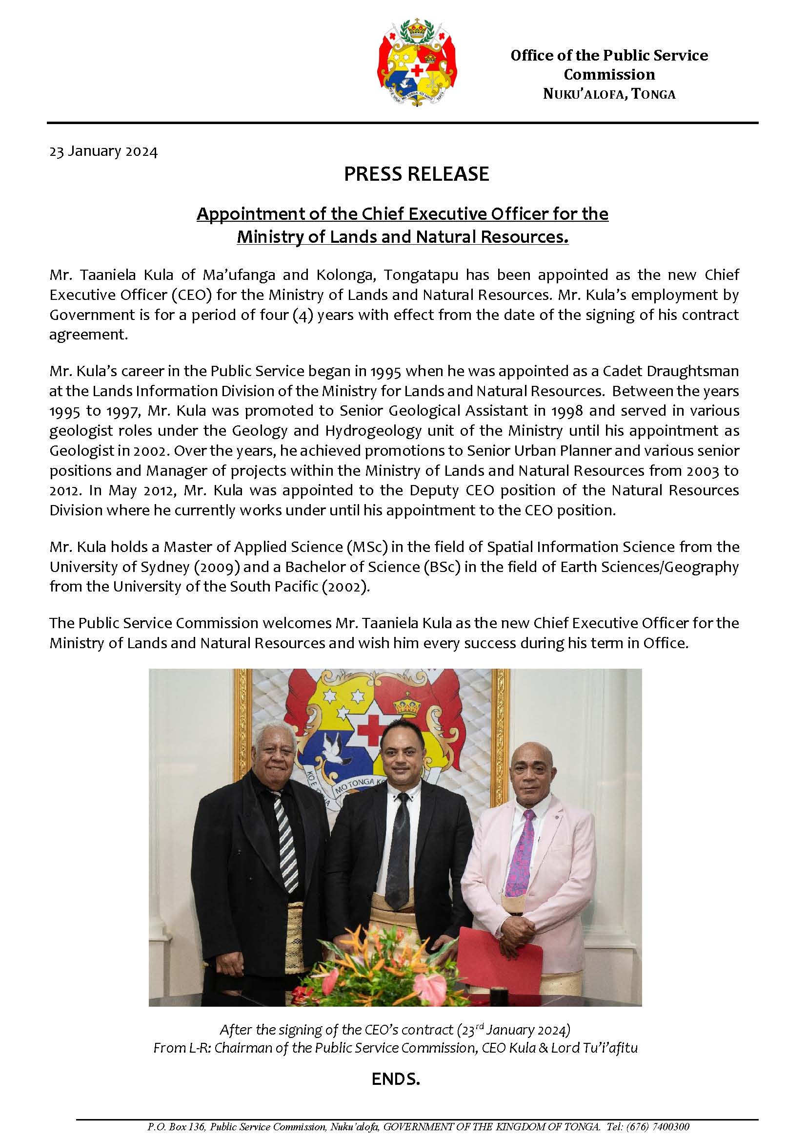 Press Release – Appointment of the CEO for the Ministry of Lands and Natural Resources – PUBLIC ...